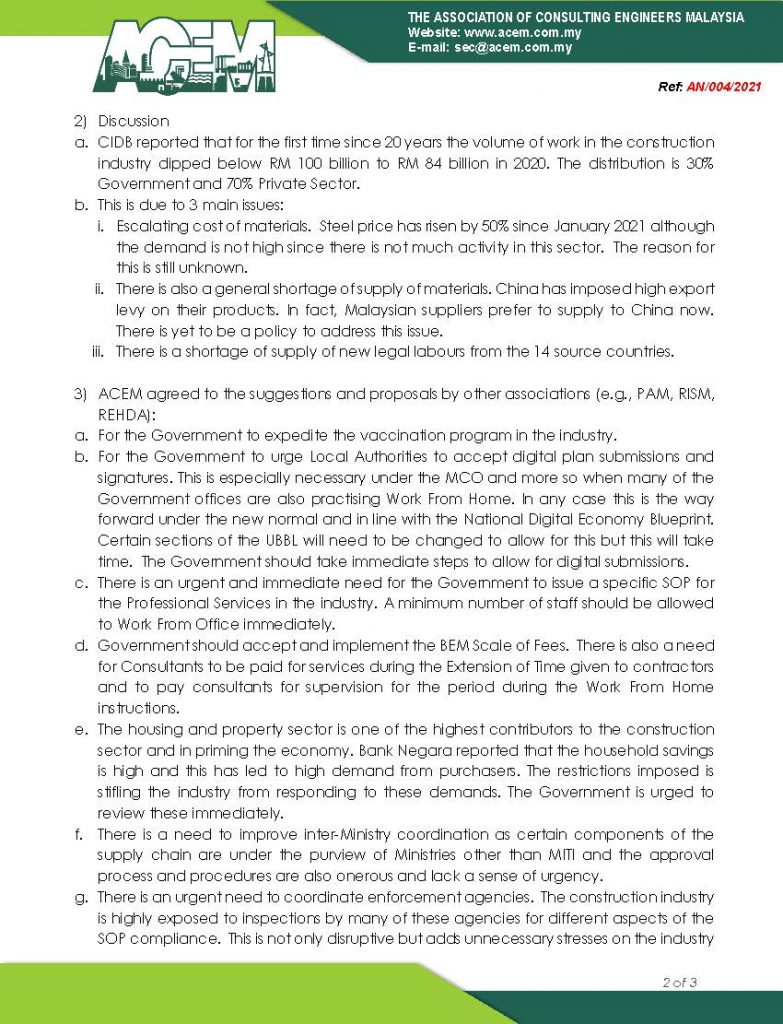 Advisory Note to Members of ACEM – Working Engagement Session between ...