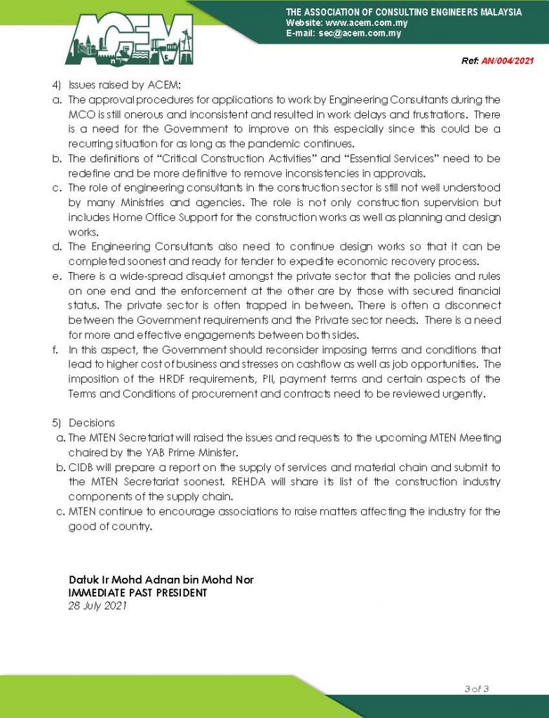 Advisory Note to Members of ACEM – Working Engagement Session between ...